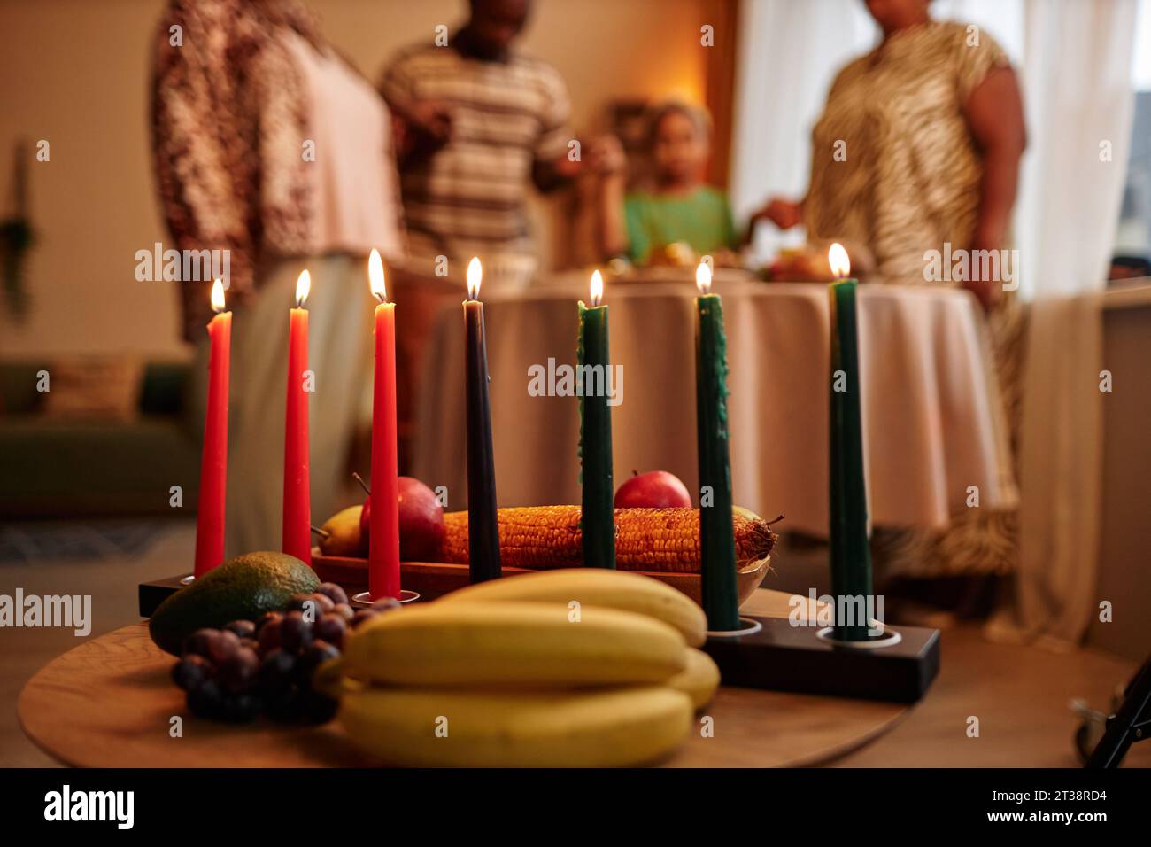 Mishumaa Saba, holder with green, Black and red candles in home where ...