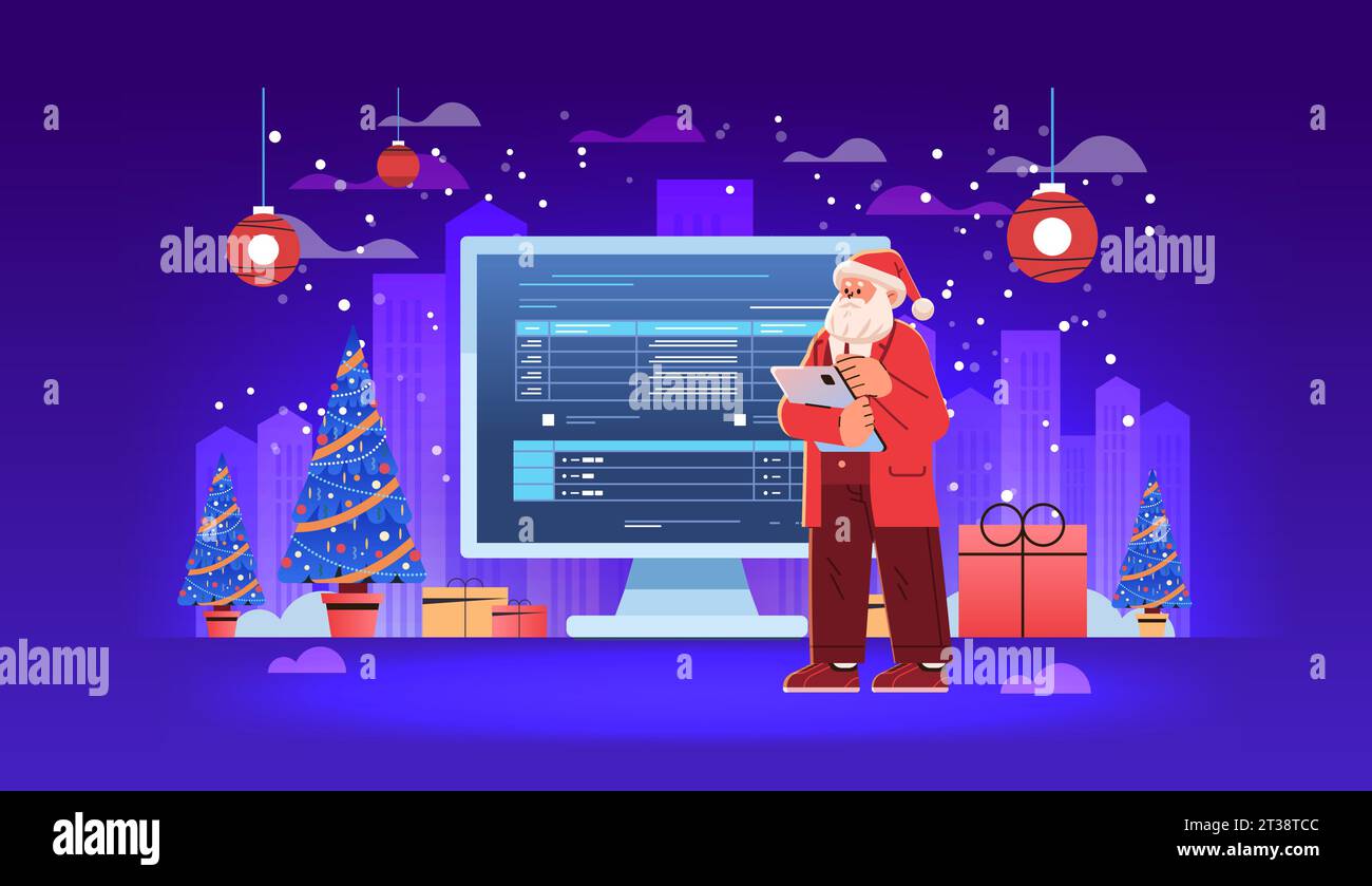 santa claus in red costume analyzing financial data on charts planning ...
