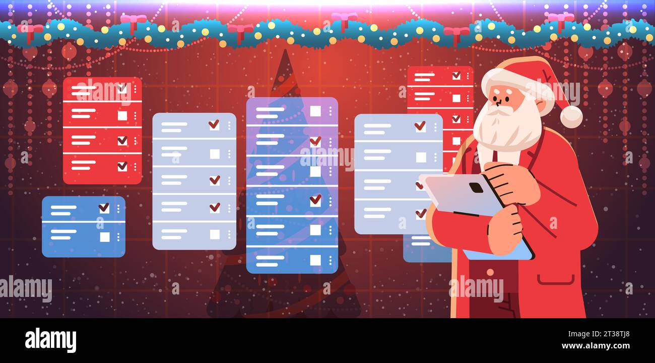 santa claus in red costume making complete tasks on checklist happy new ...