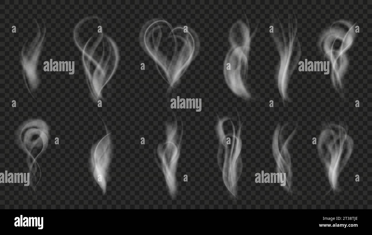 Realistic smoke. Hookah or cigarette smoke waves, hot tea or coffee ...
