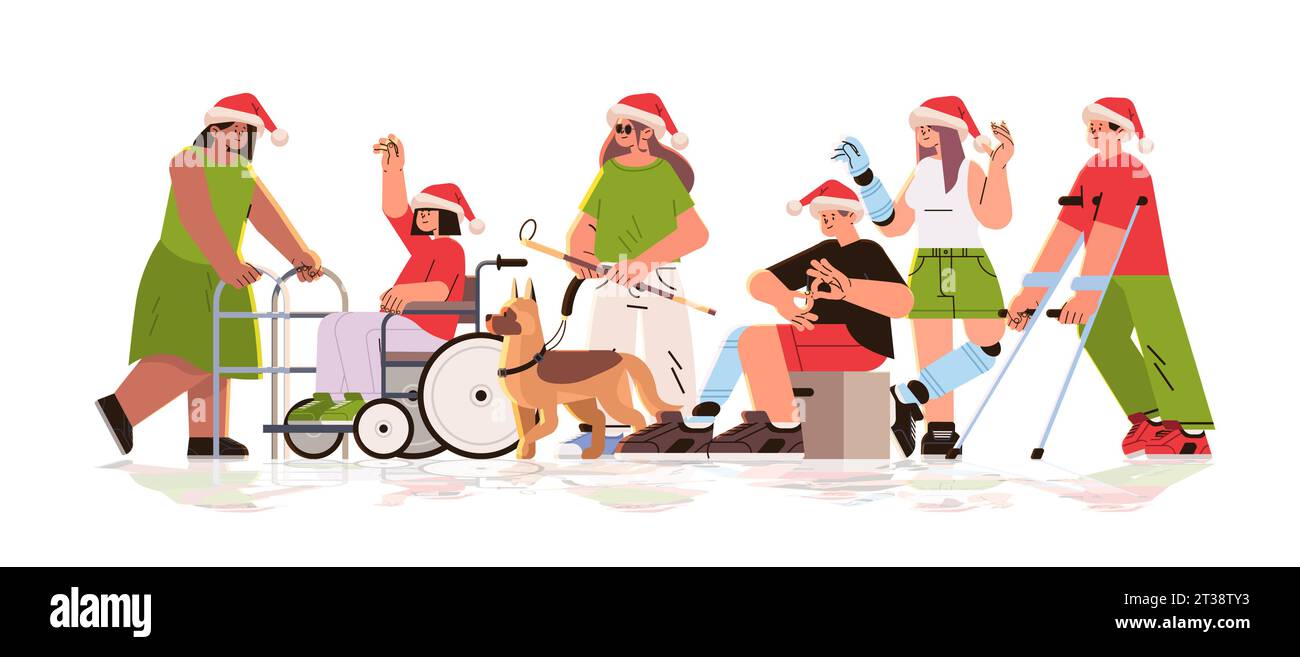 group of young disabled men and women in Christmas Santa Claus hats ...