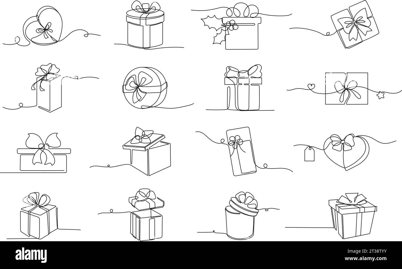 Continuous one line gift boxes. Wrapped present, cardboard box with ...