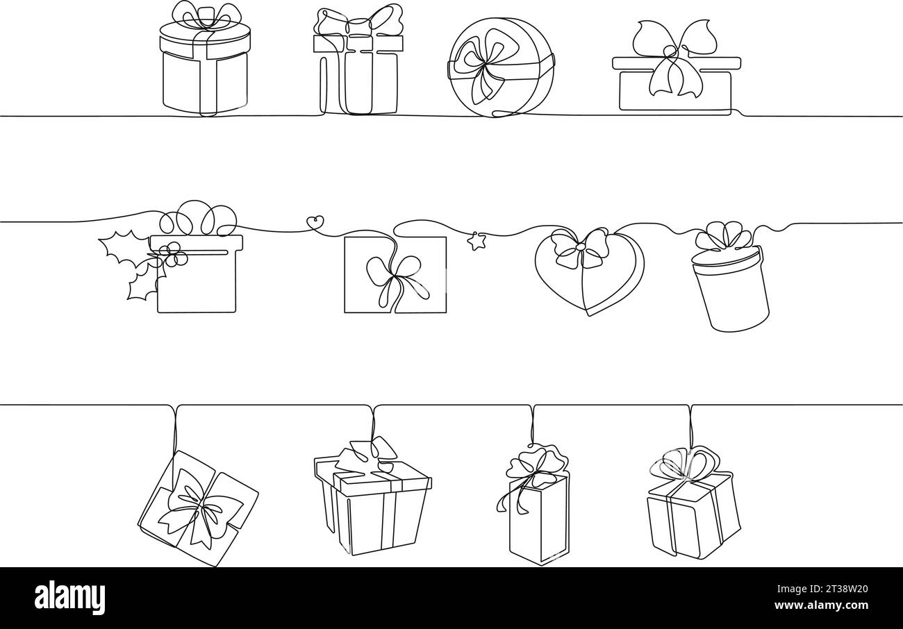 Continuous one line gifts dividers. Christmas gift border, hand drawn ...