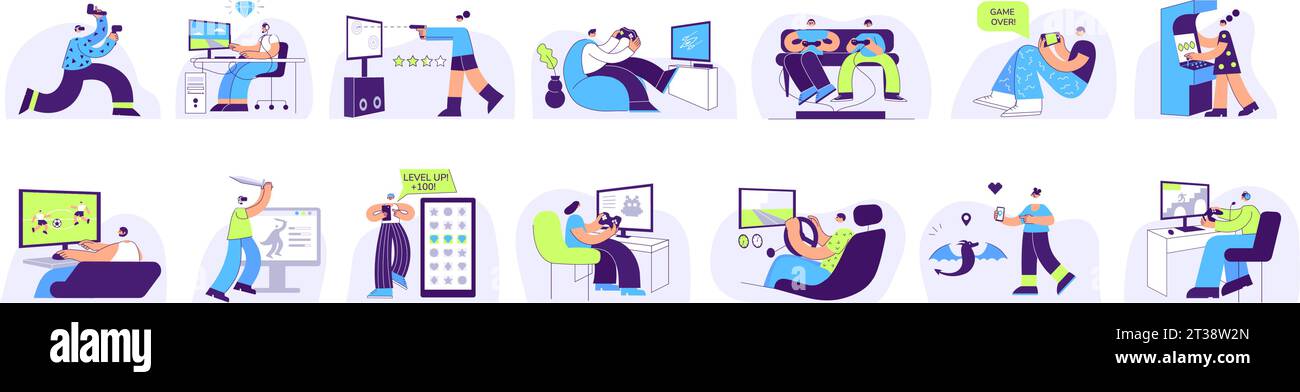 Gamers play video games. Arcade, VR, computer and gaming console game ...