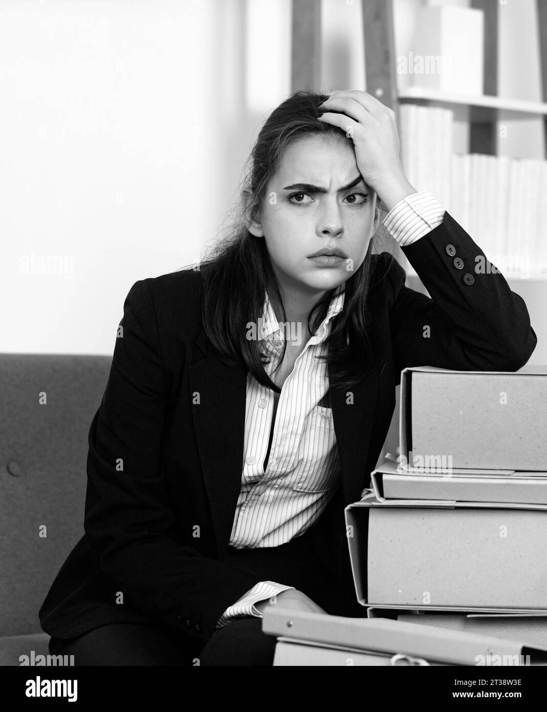 Busy young businesswoman, frustration secretary girl working overtime ... Busy young businesswoman, frustration secretary girl working overtime ...
