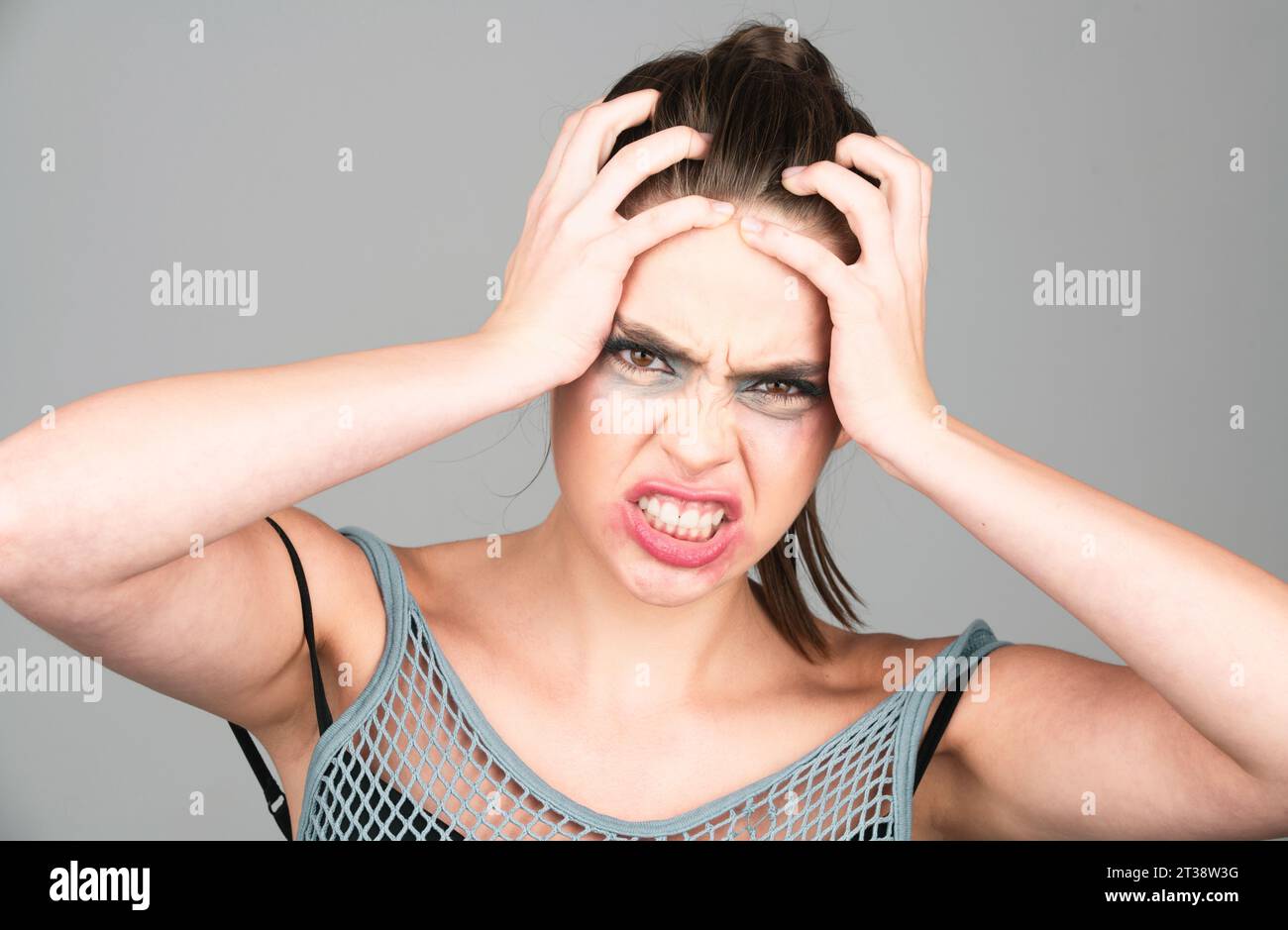 Emotional angry woman, upset girl. Screaming, hate, rage. Pensive woman ...