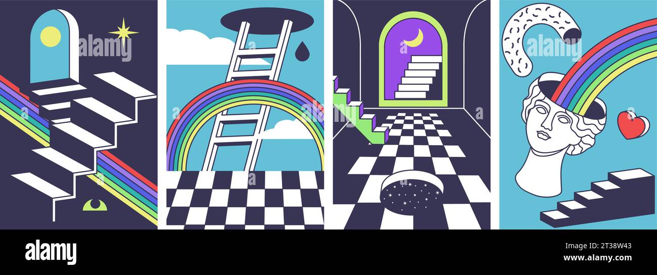 Surreal art posters. Abstract backgrounds with ladders, rainbows, holes ...