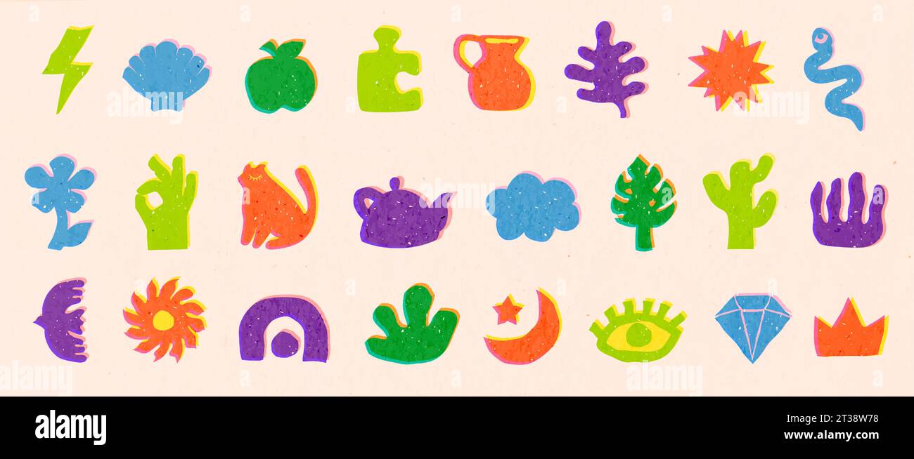 Abstract elements with risograph effect. Shapes with linocut texture and risographer overlay ...