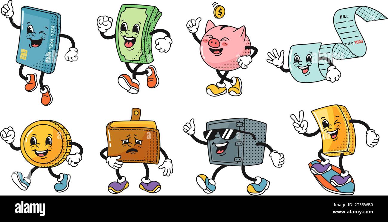 Cartoon banking mascots. Money, bank card, wallet and safe characters ...