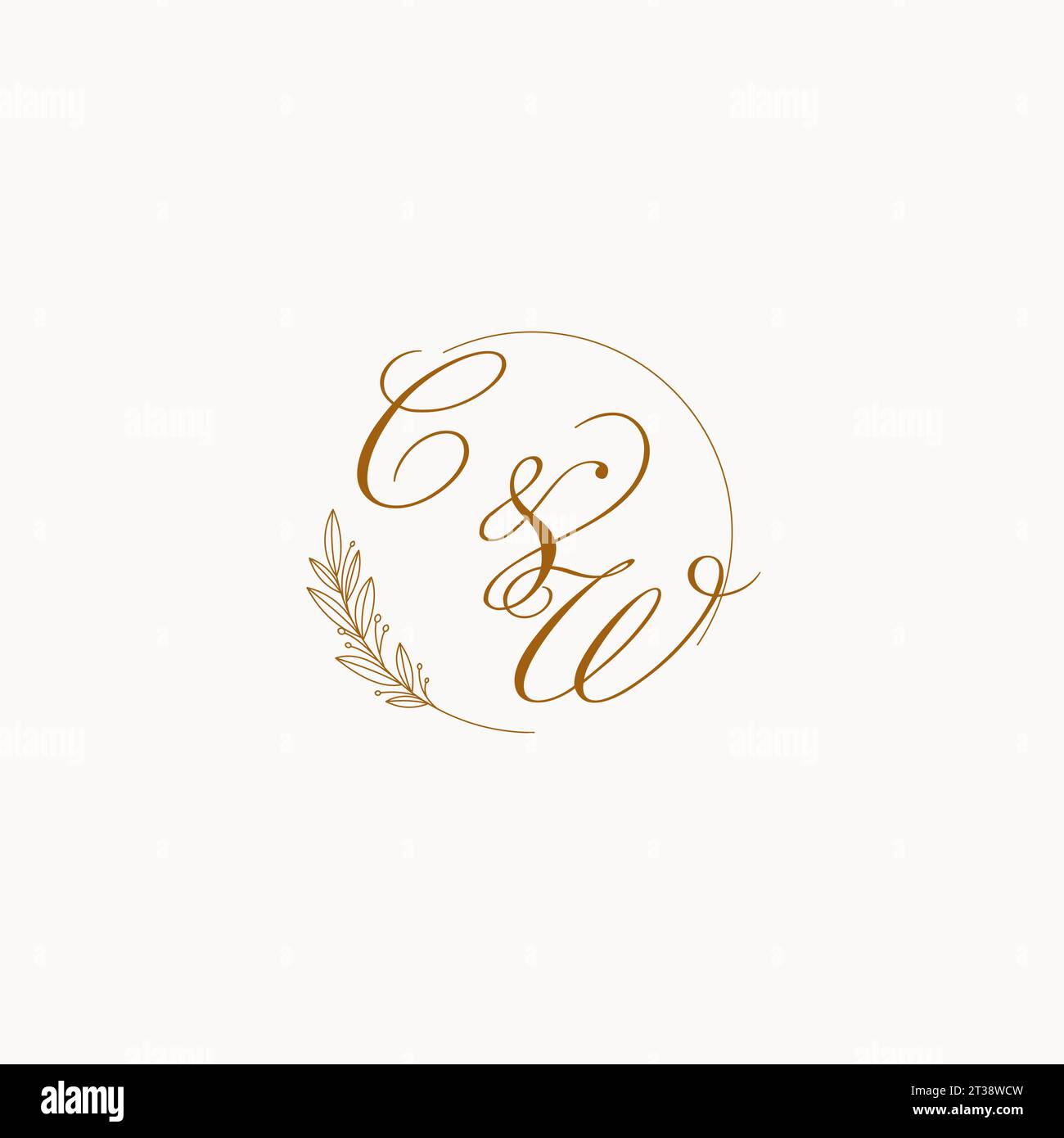 Initials CW wedding monogram logo with leaves and elegant circular ...