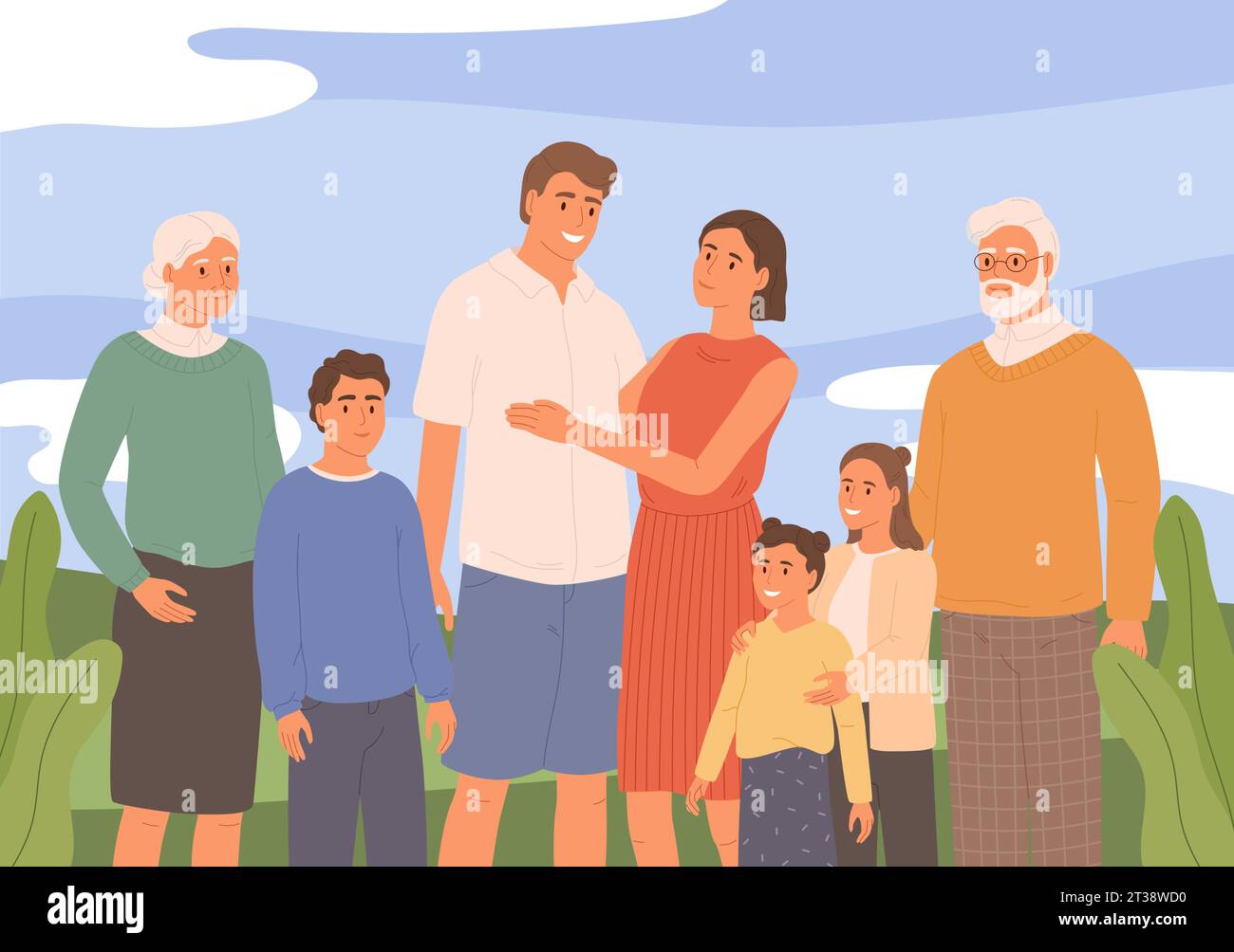 Happy big family. Kids, father, mother, and grandparents together ...