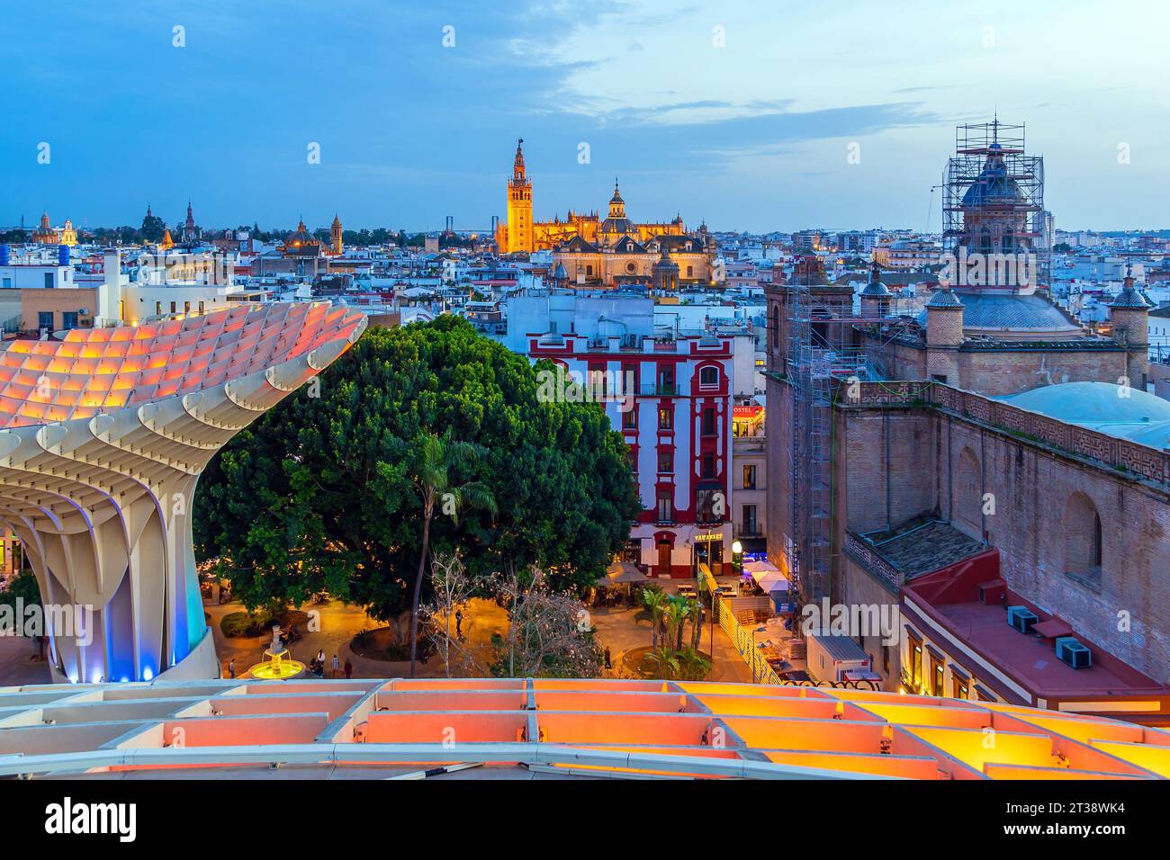 Metropol Parasol wooden structure with Seville city skyline in the old ...