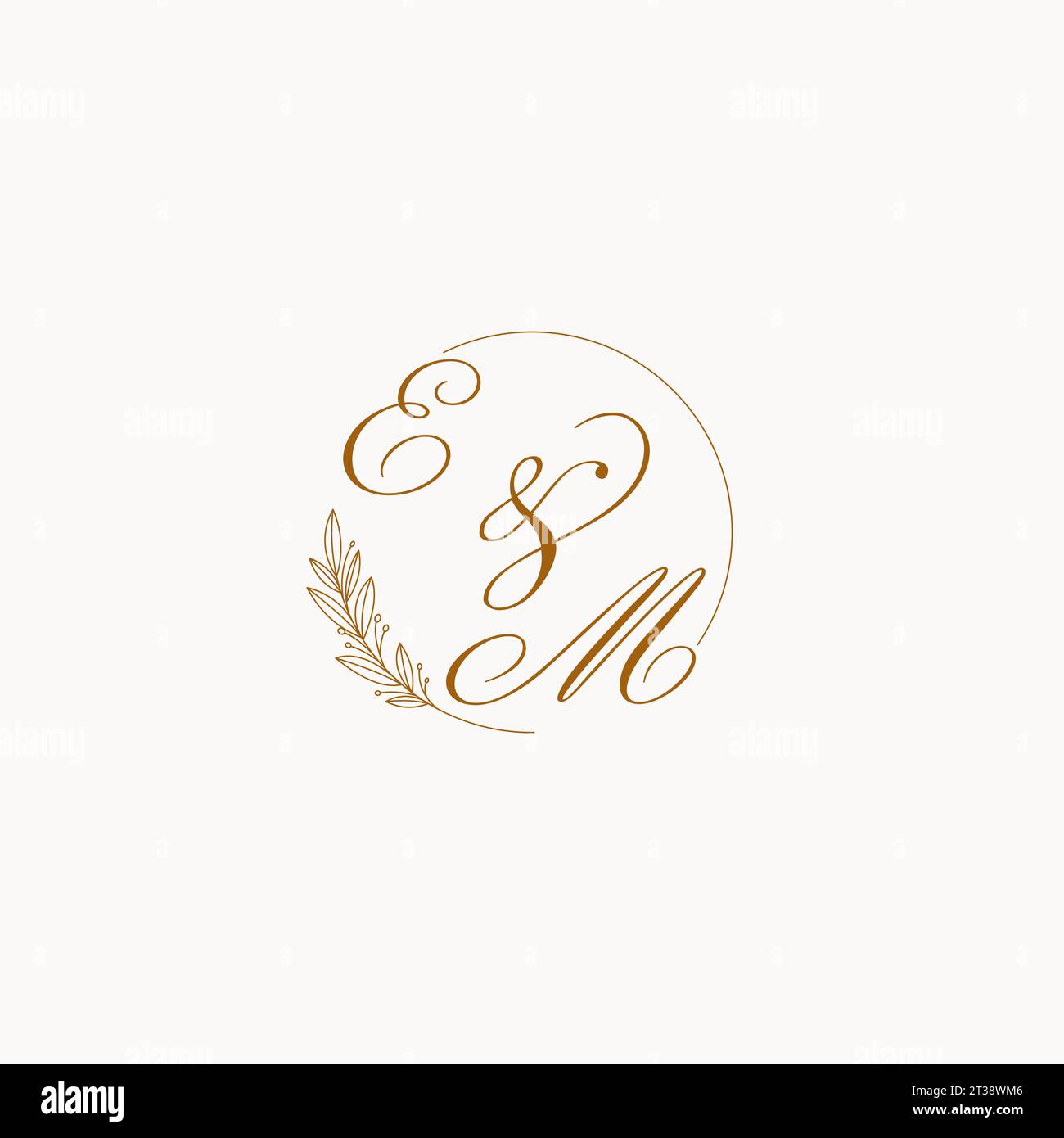 Initials EM wedding monogram logo with leaves and elegant circular ...