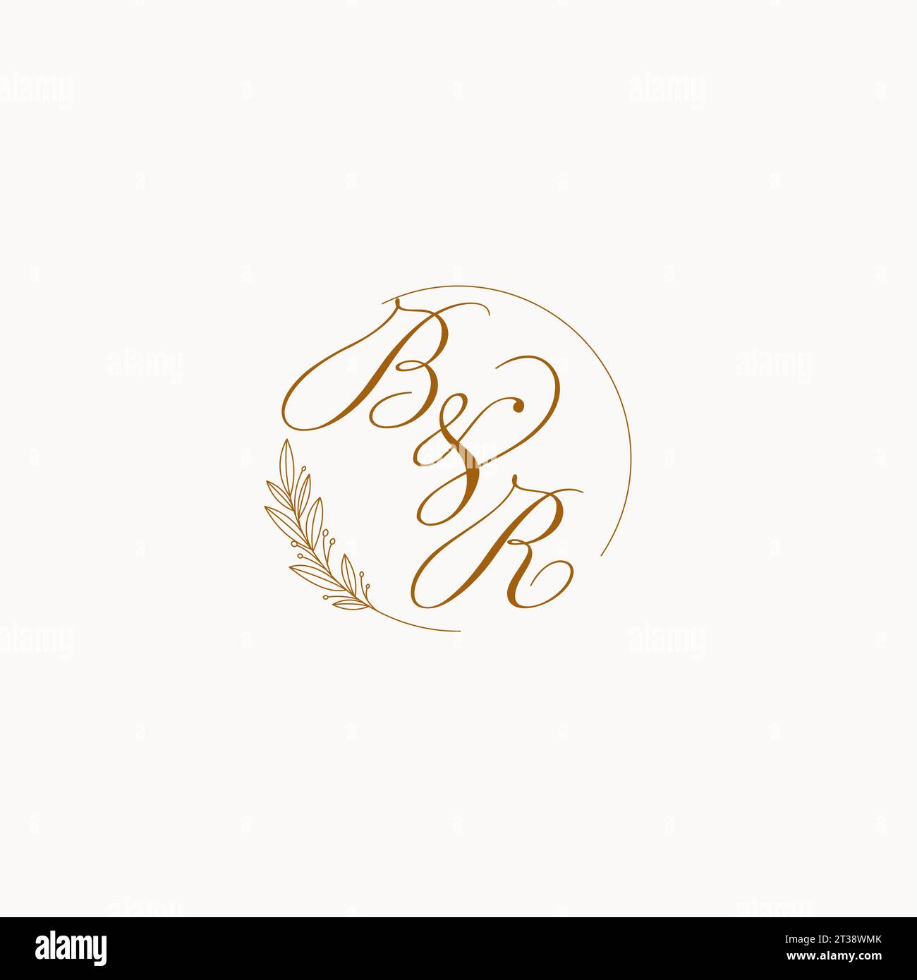 Initials BR wedding monogram logo with leaves and elegant circular ...