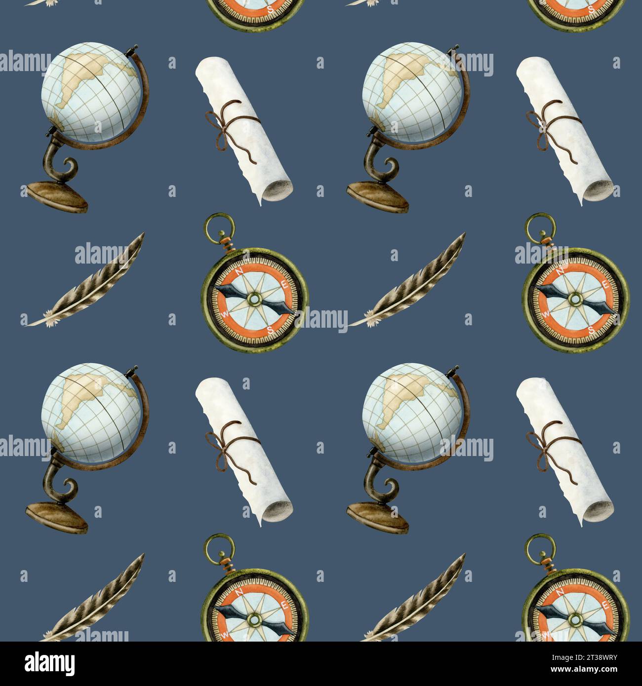 Navy blue globe, compass, paper scroll feather watercolor seamless ...