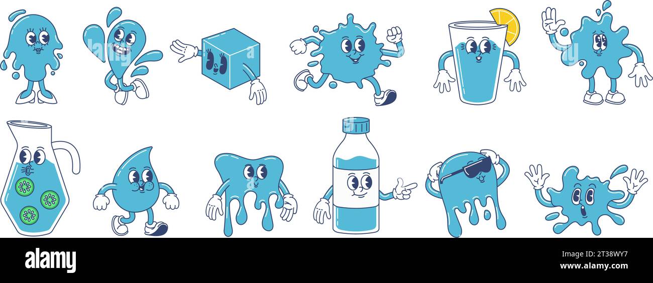 Cartoon water mascot. Fresh drink in bottle, pitcher and glass. Water ...