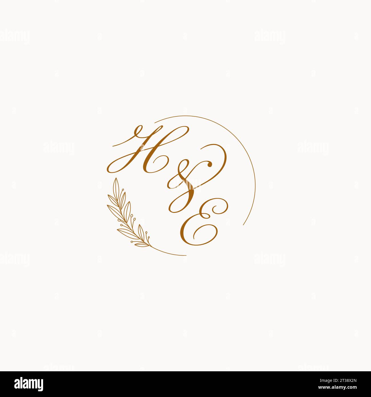 Initials HE wedding monogram logo with leaves and elegant circular ...