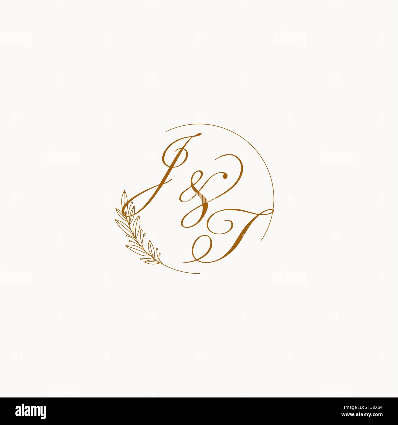 Initials JT wedding monogram logo with leaves and elegant circular ...