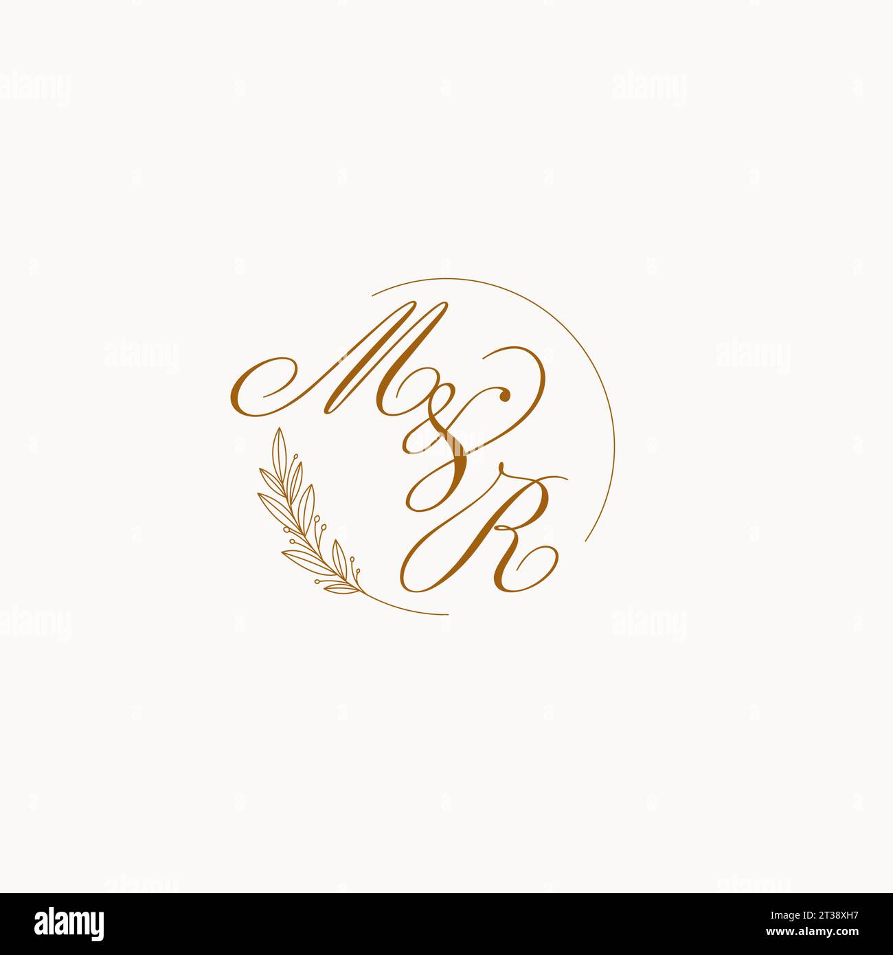 Initials MR wedding monogram logo with leaves and elegant circular ...