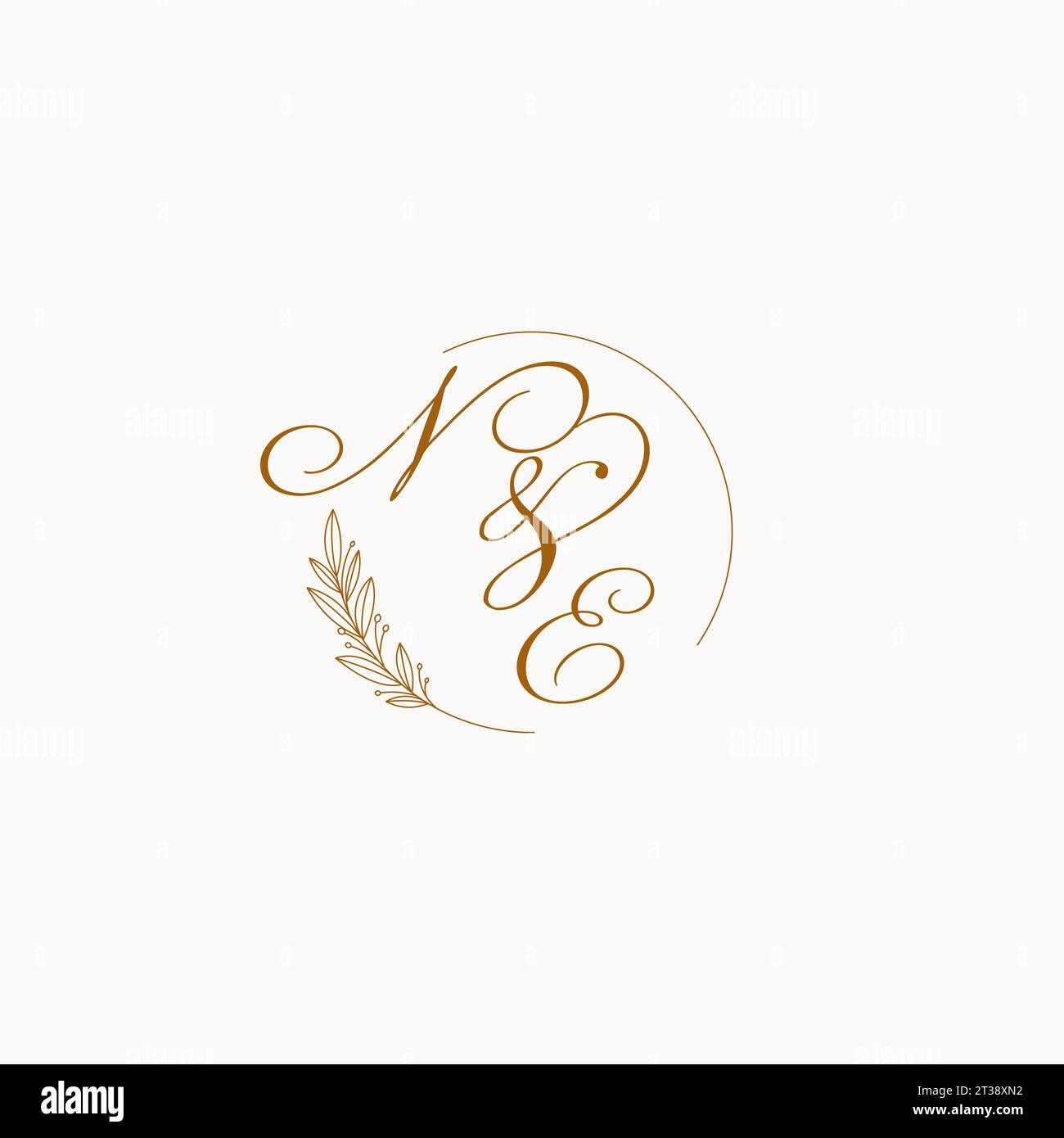 Initials NE wedding monogram logo with leaves and elegant circular ...