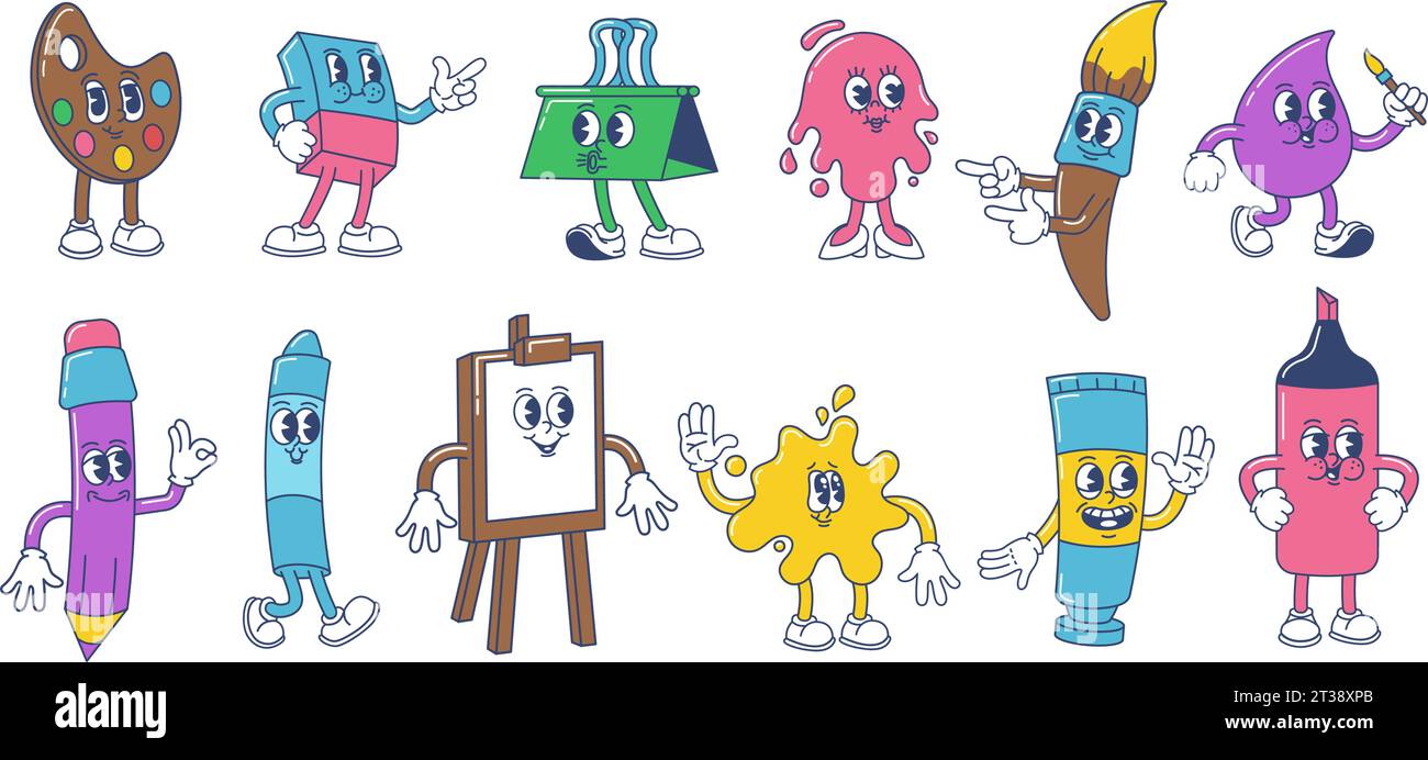 Art supplies cartoon mascot. Funny art school characters, creative ...