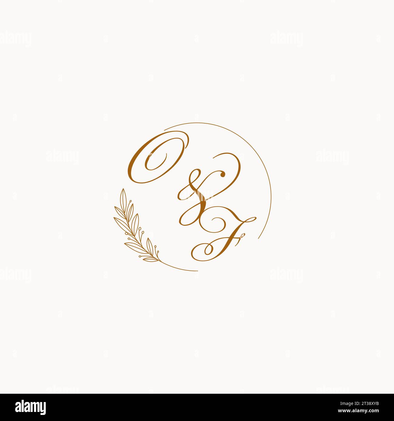 Initials OF wedding monogram logo with leaves and elegant circular ...