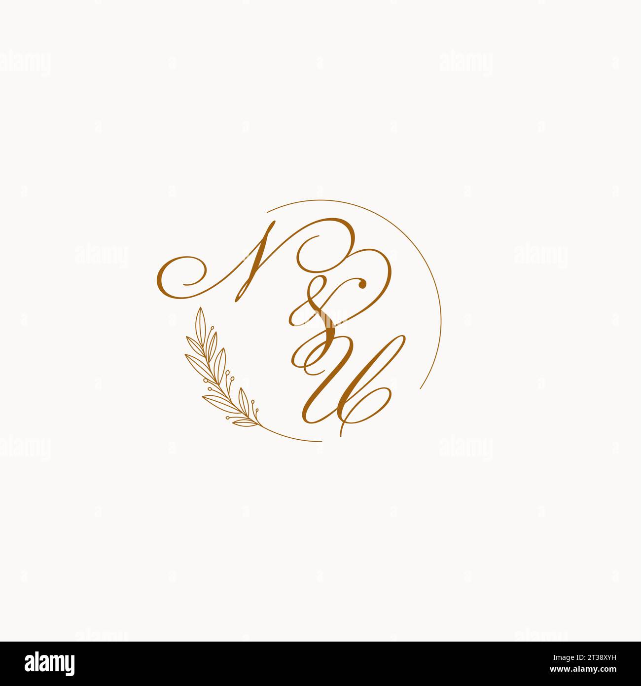 Initials NU wedding monogram logo with leaves and elegant circular ...
