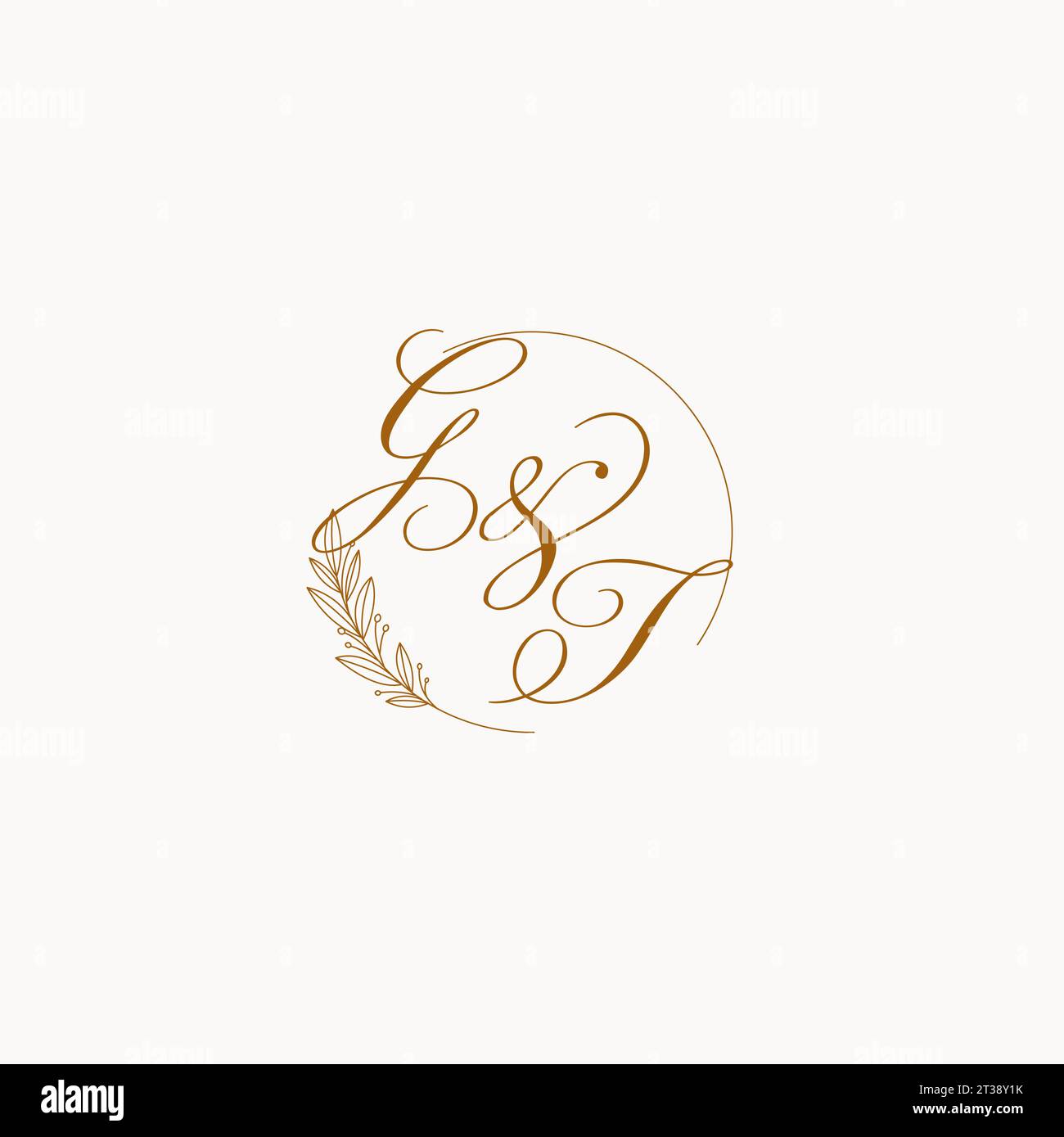 Initials GT wedding monogram logo with leaves and elegant circular ...
