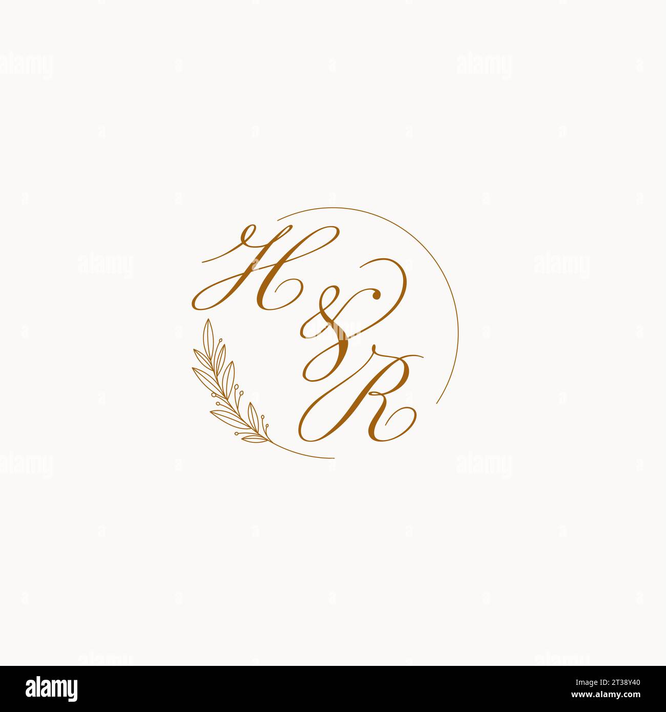 Initials HR wedding monogram logo with leaves and elegant circular ...