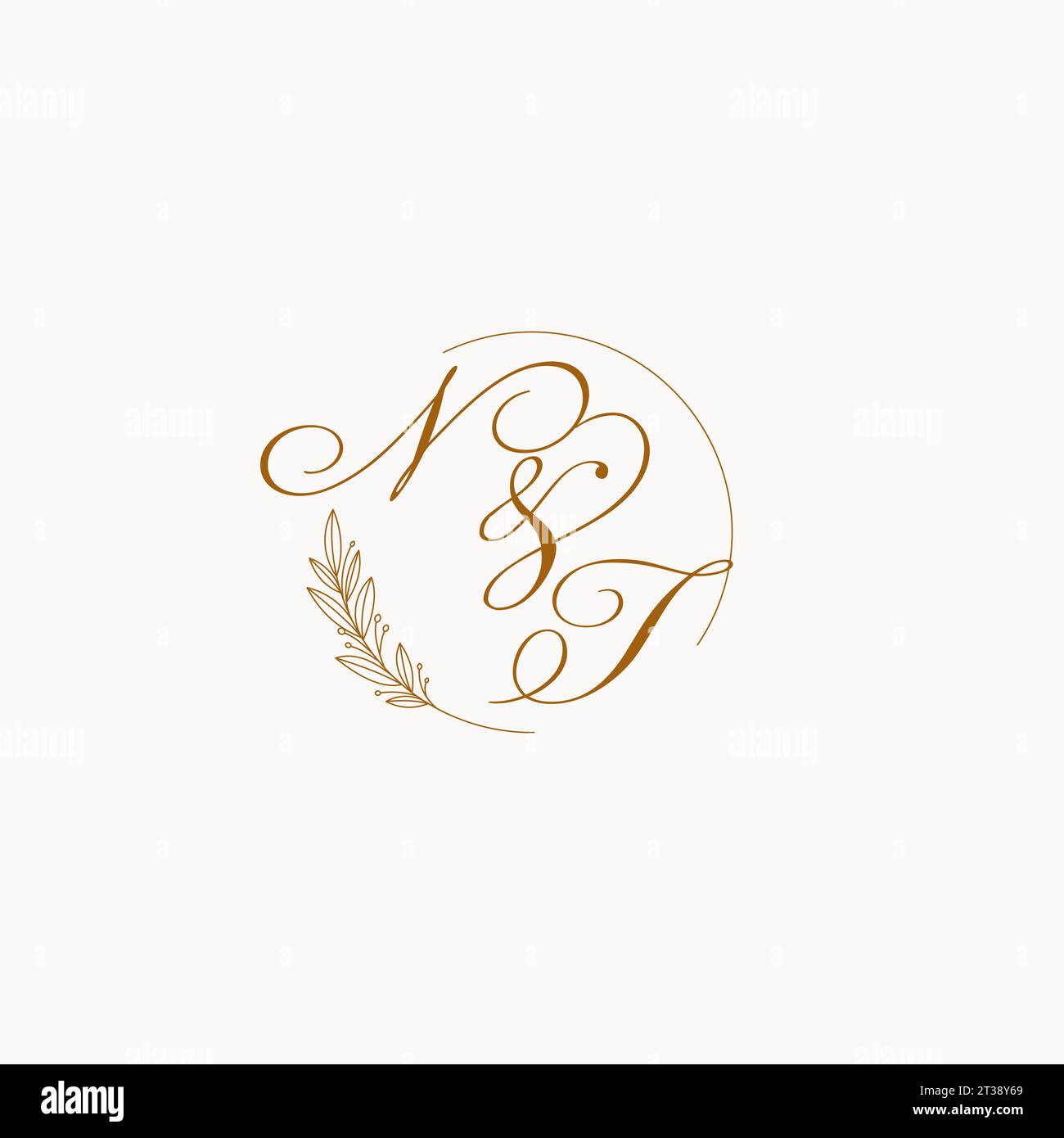 Initials Nt Wedding Monogram Logo With Leaves And Elegant Circular