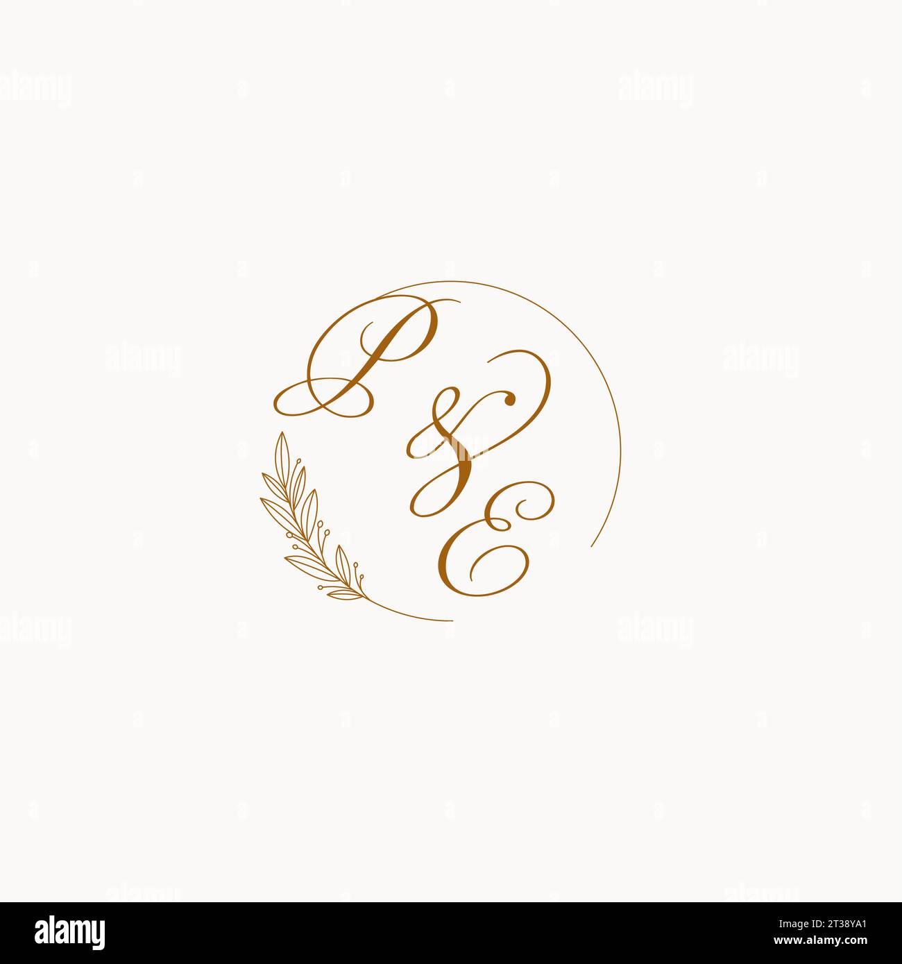 Initials PE wedding monogram logo with leaves and elegant circular ...