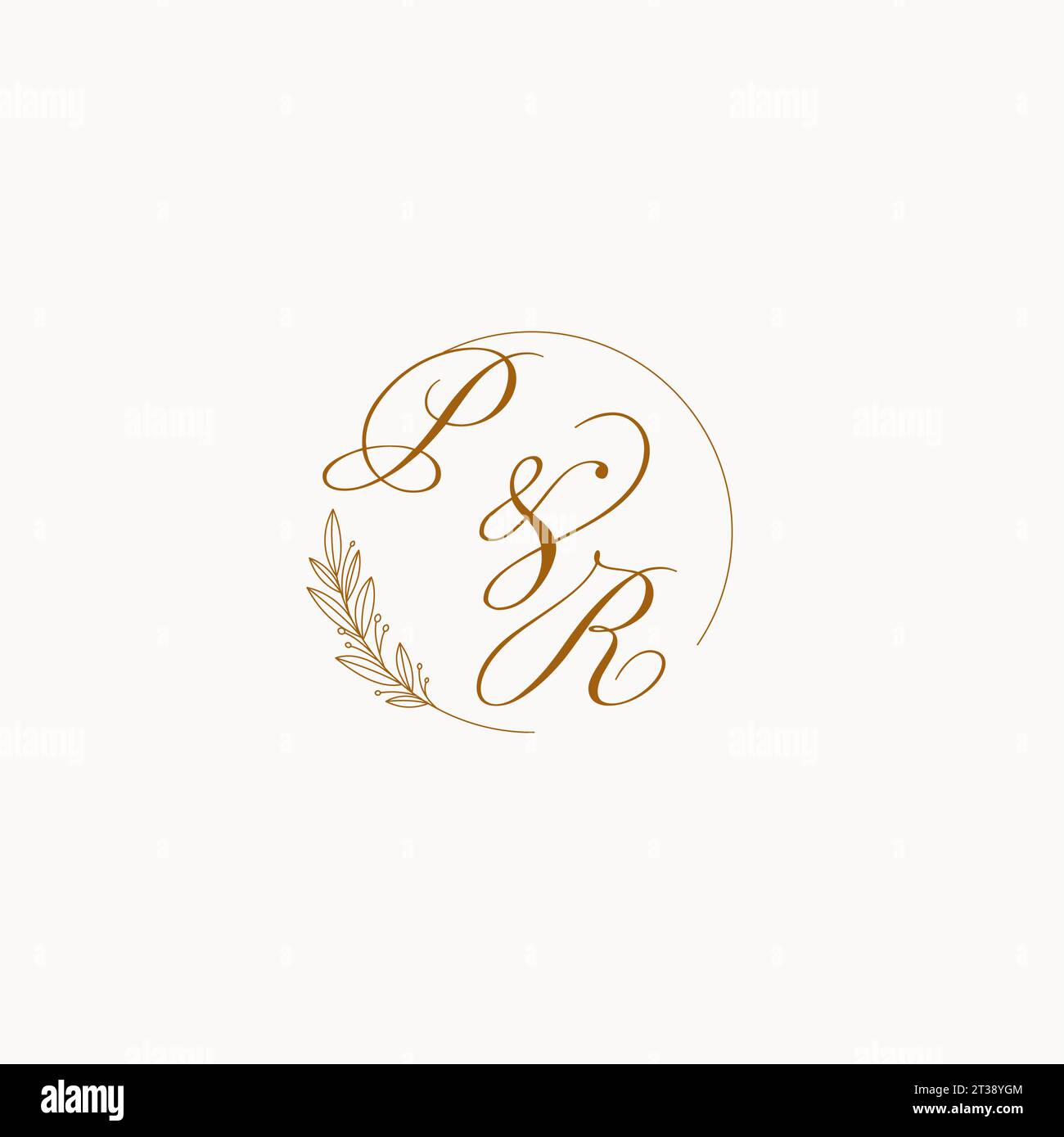 Initials PR wedding monogram logo with leaves and elegant circular ...