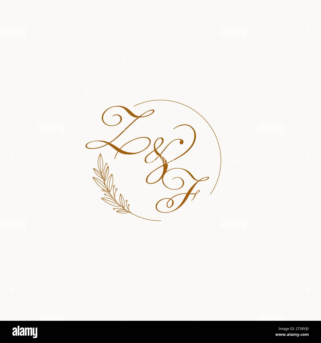 Initials ZF wedding monogram logo with leaves and elegant circular ...