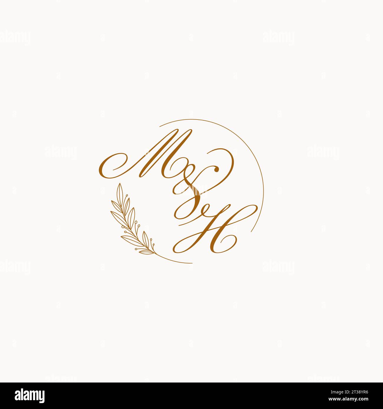 Initials MH wedding monogram logo with leaves and elegant circular ...