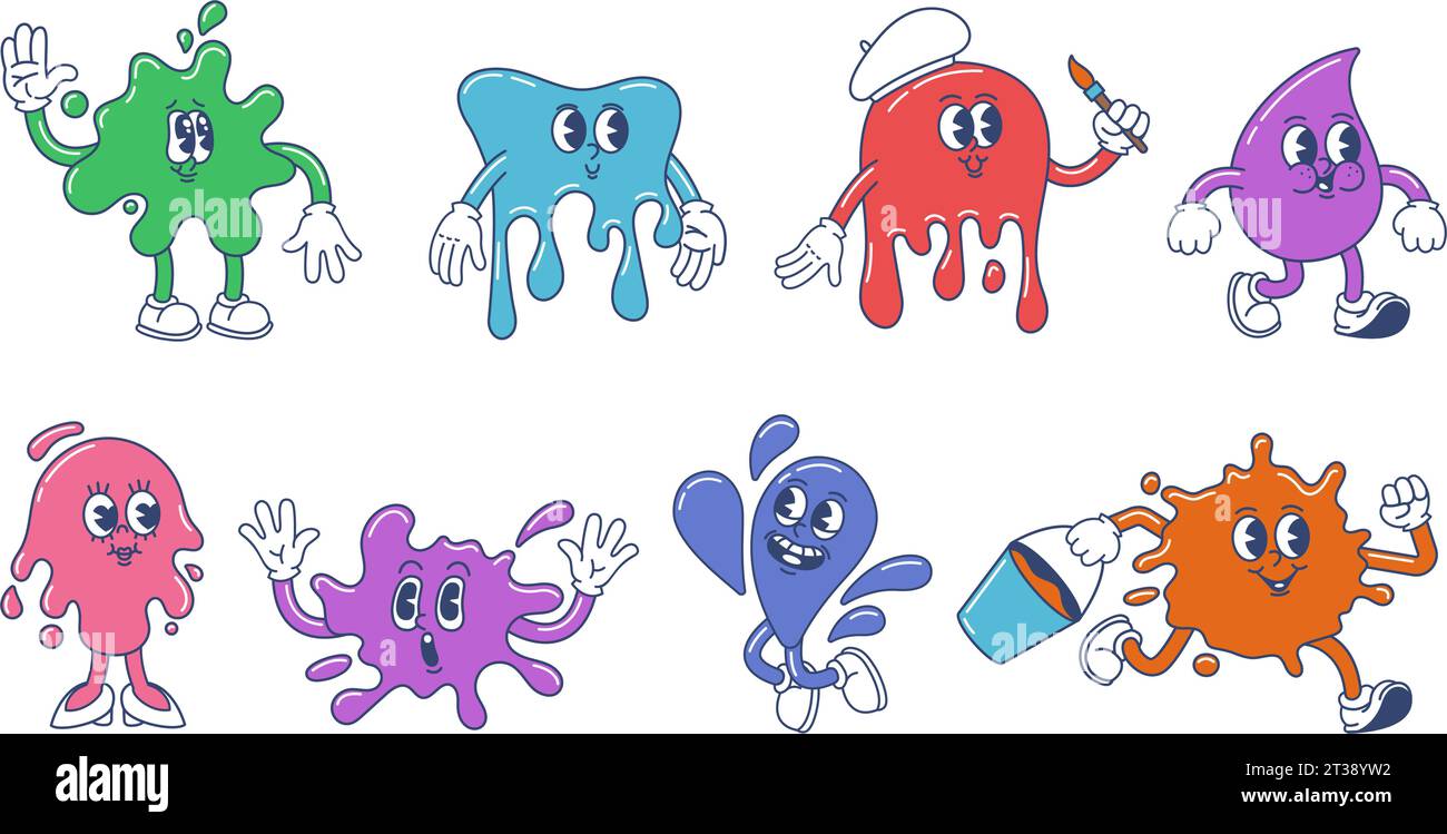 Cartoon paint splash mascot. Color stain blob characters, ink splash ...