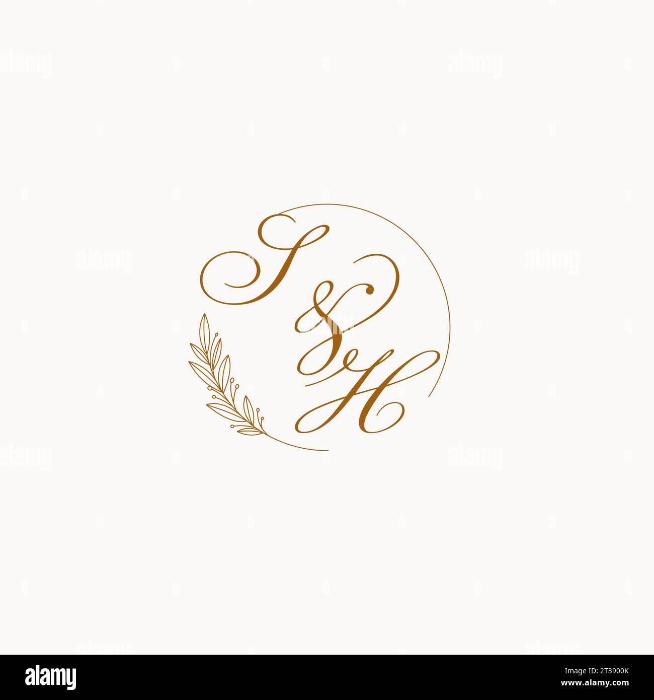 Initials SH wedding monogram logo with leaves and elegant circular ...