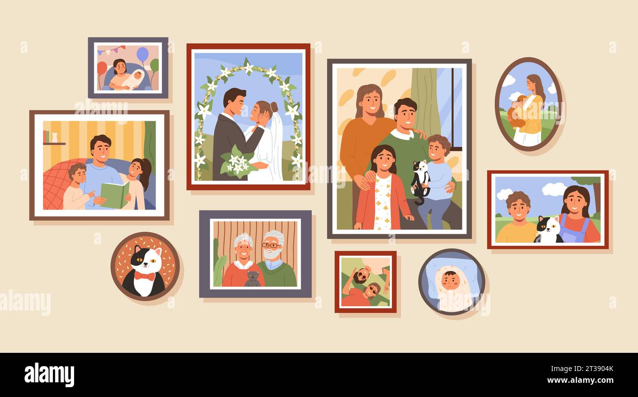 Cartoon family life photo frames. Memories wall with family history ...