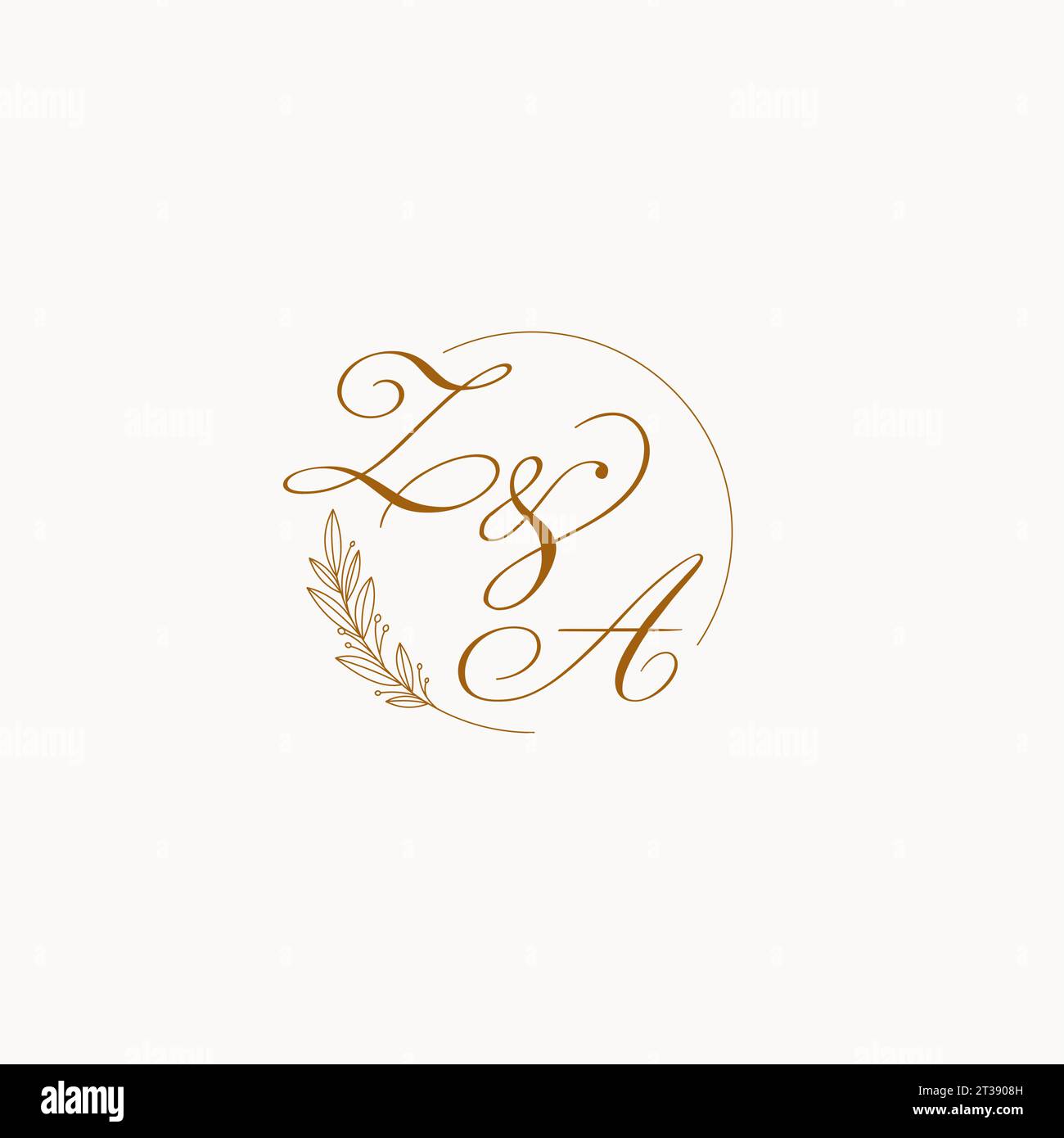 Initials ZA wedding monogram logo with leaves and elegant circular ...