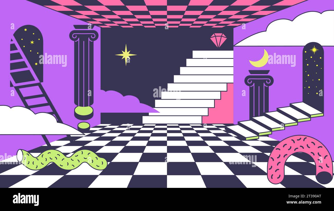 Surreal background. Trippy room with checkered floor, abstract stairs and psychedelic portal ...