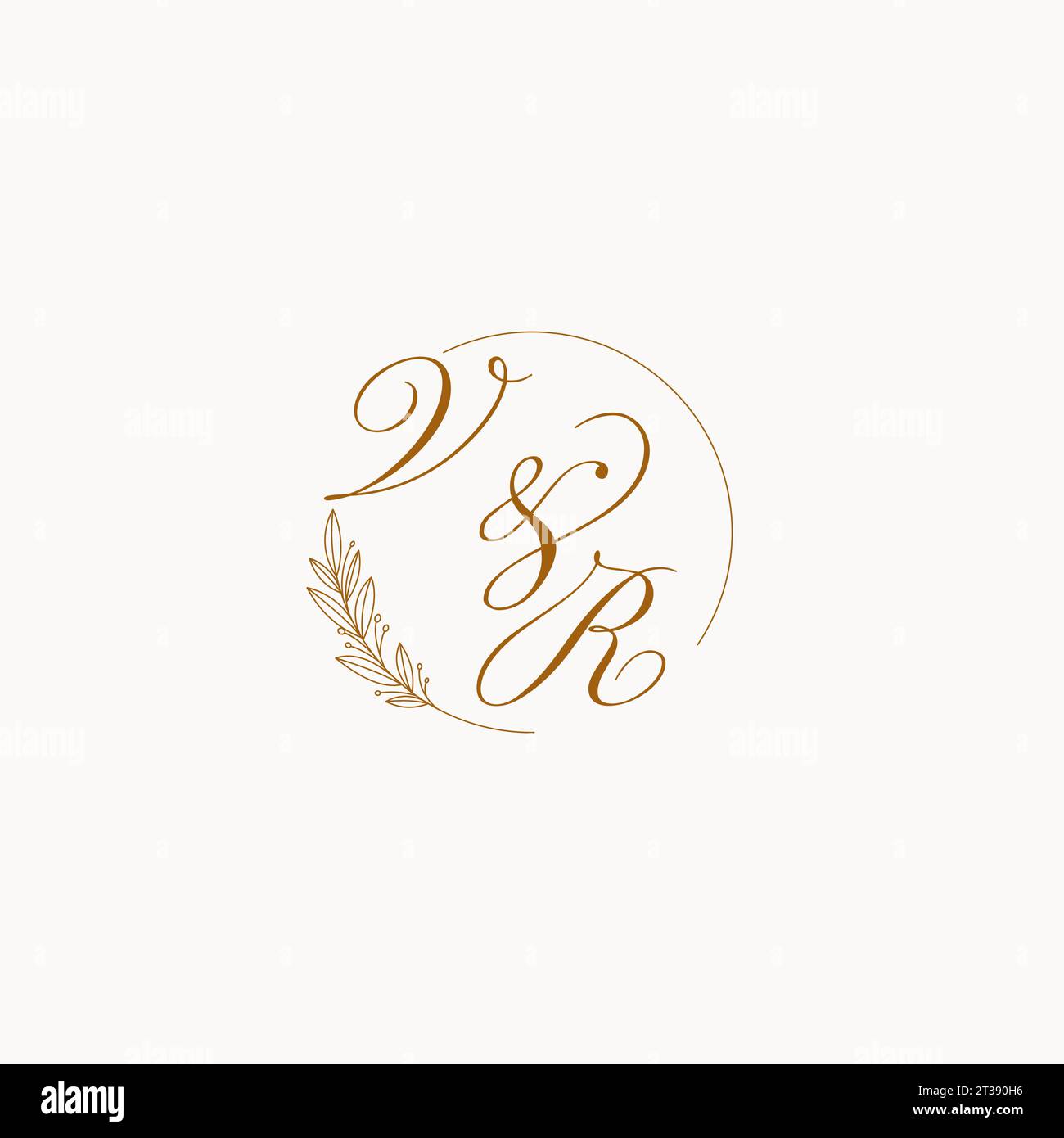 Initials VR wedding monogram logo with leaves and elegant circular ...