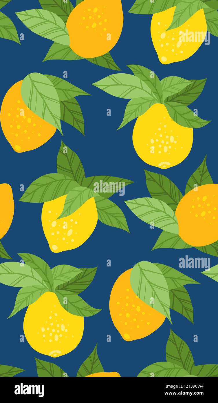 Vector seamless texture with yellow lemons with foliage on a blue ...