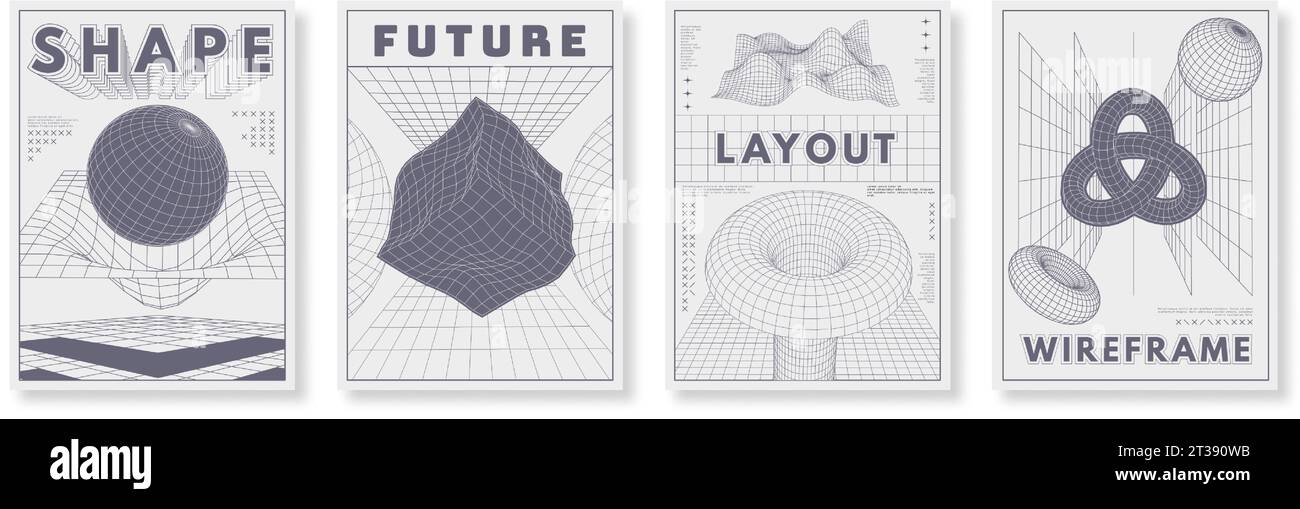 Abstract wireframe posters. Futuristic layout with 3D geometric shapes ...