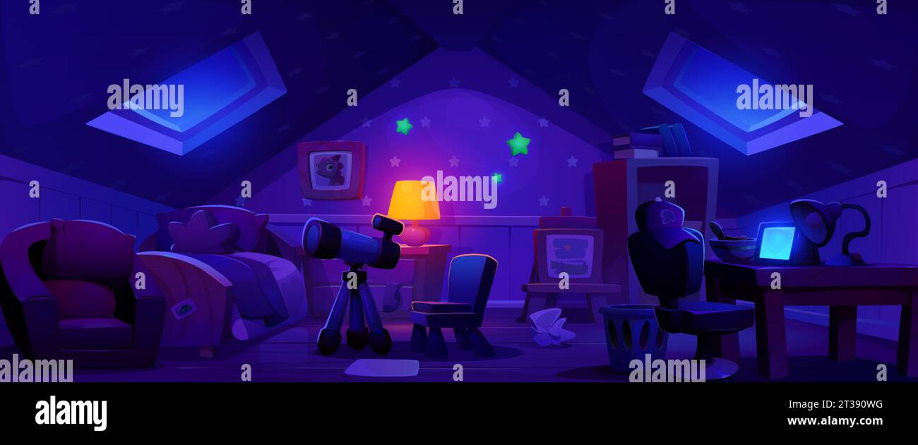 Night attic kid bedroom interior cartoon vector background. Child room ...