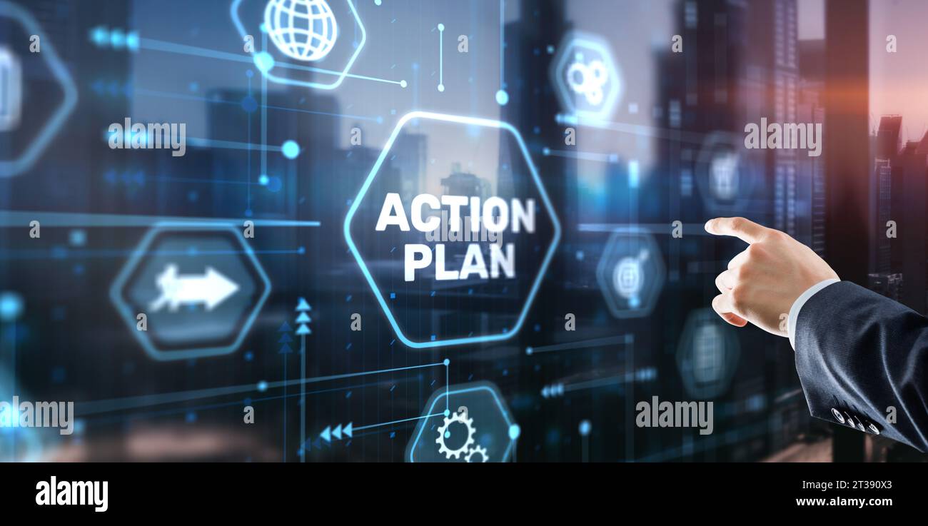 Businessman clicks action plan. Algorithm and strategy development ...