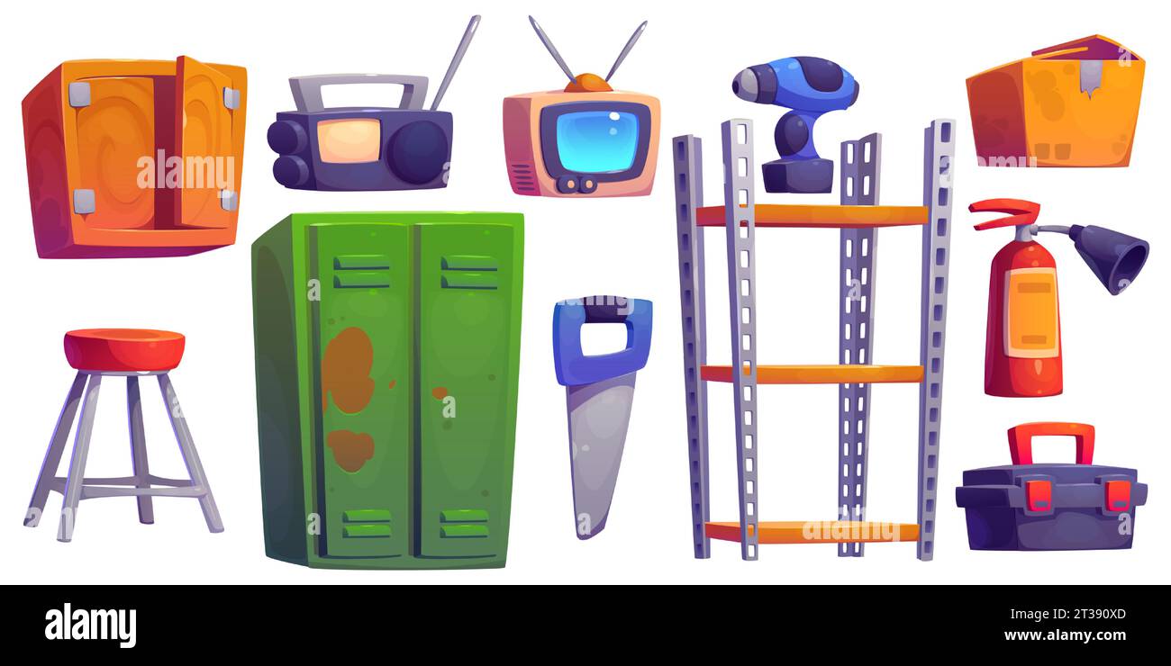 Garage interior furniture and working tools. Cartoon vector ...