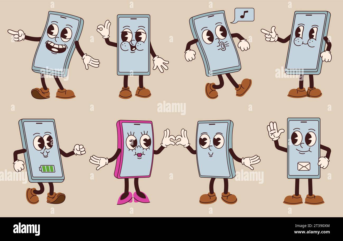 Cartoon smartphone mascot. Mobile phone characters, funny gadget screen ...