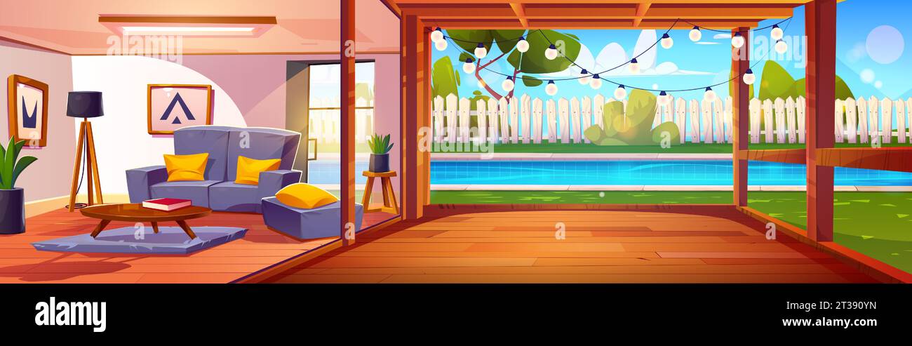 Poolside in backyard with wooden patio and fence, and living room ...