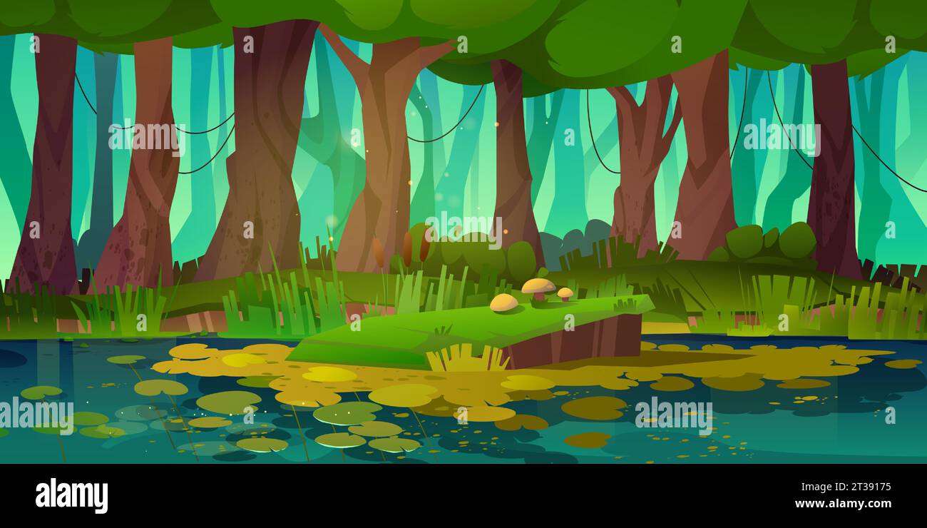 Forest swamp landscape background for fantasy game. Summer jungle scene ...