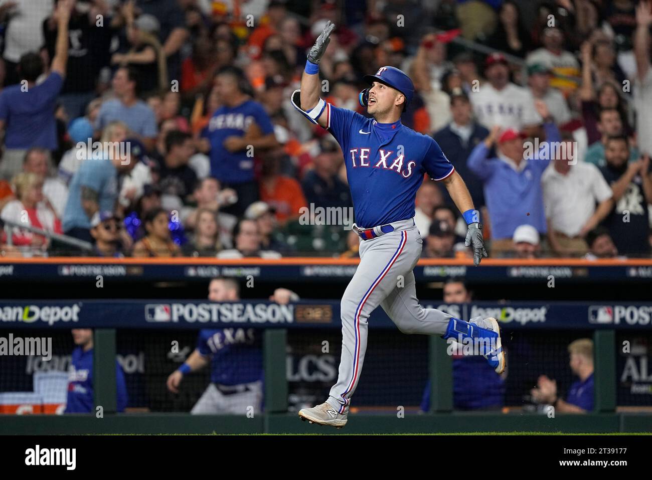 Texas Rangers' Nathaniel Lowe reacts after hitting a two-run home run ...