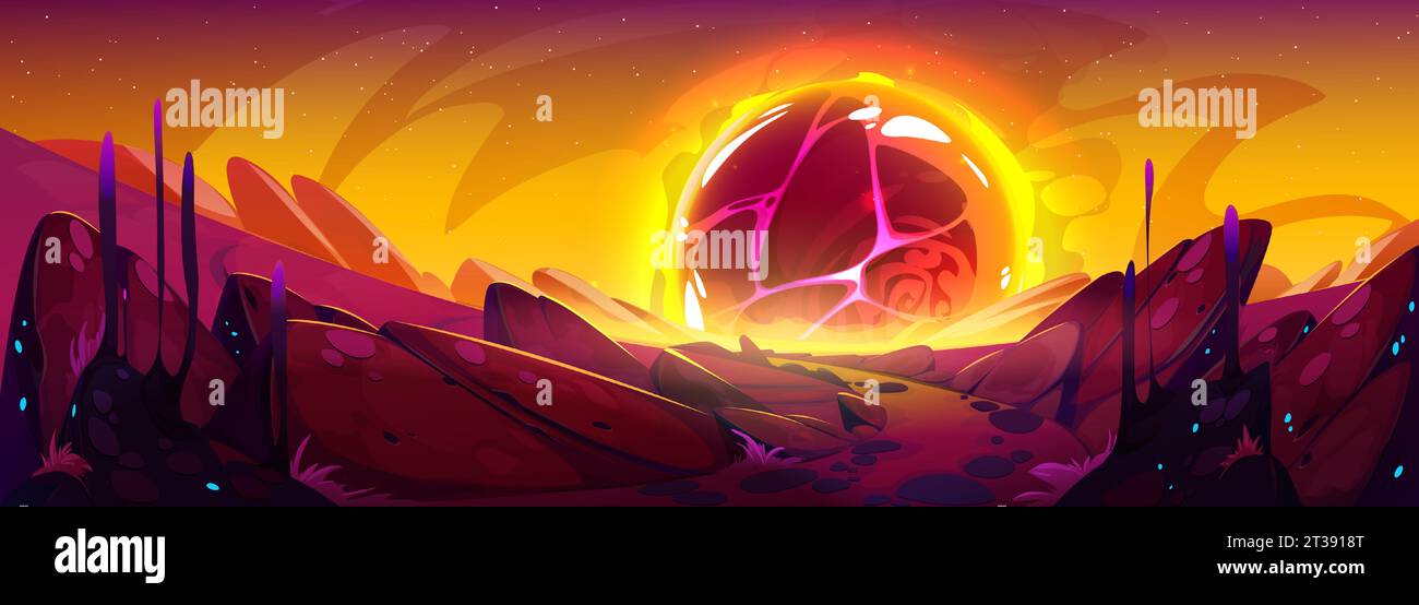 Space landscape with burning asteroid on horizon. Vector cartoon ...